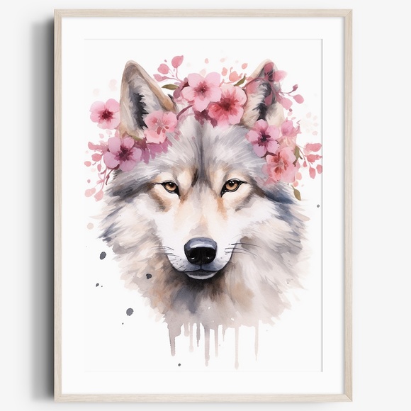 Art | Watercolor Floral Wolf Portrait Wall Art Illustration Print ...